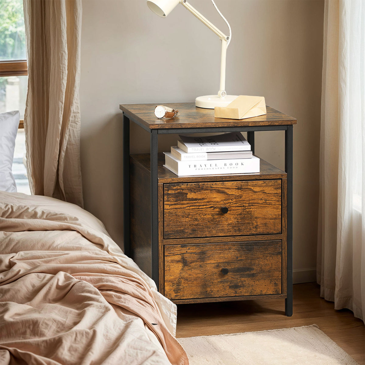 Nightstand Rustic Brown and Black | VASAGLE